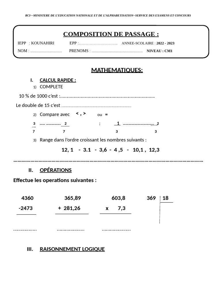 Compo de Passage Cm1 Math 22-23 Bambalou | PDF