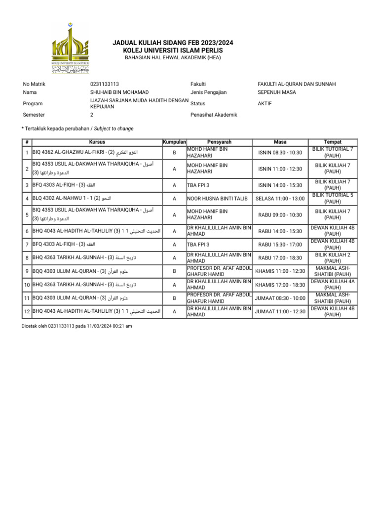 Jadual Sem2 | PDF