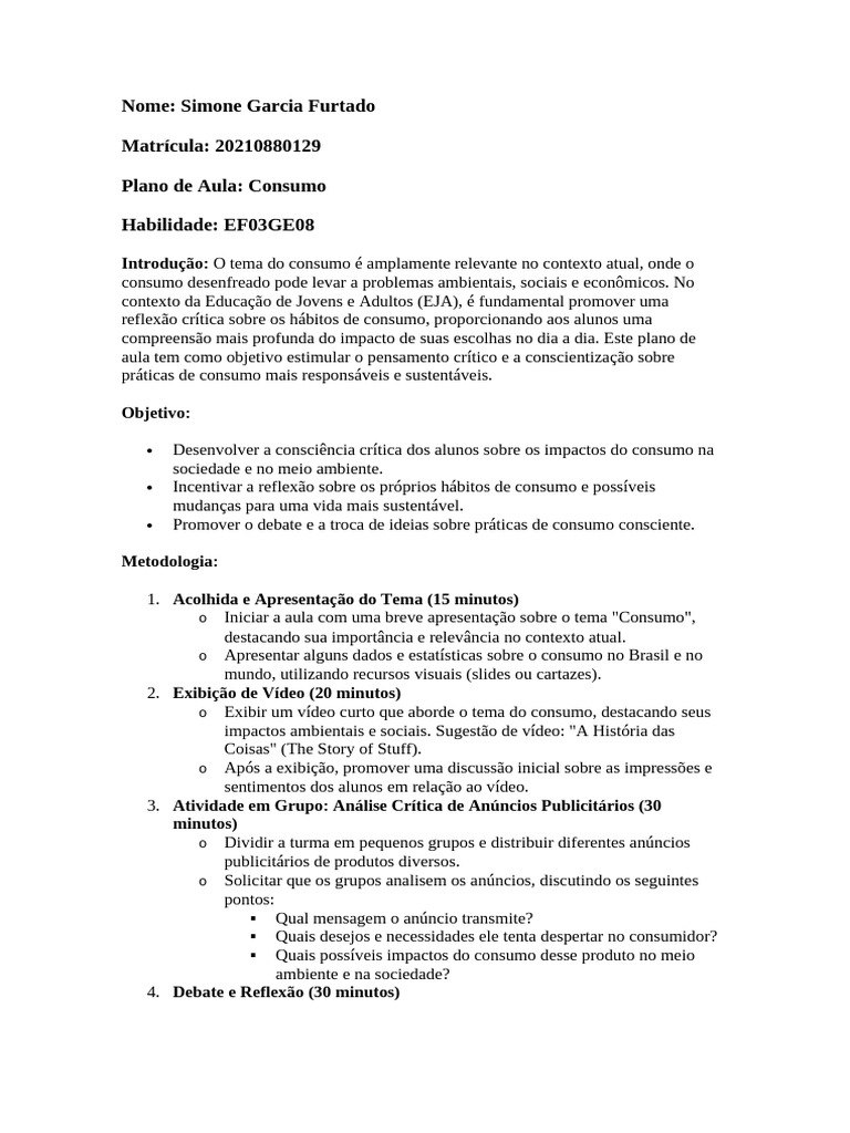 Simone Plano de Aula EJA | PDF