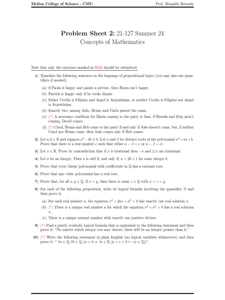 CMU Math Concepts Problem Sheet 2 | PDF