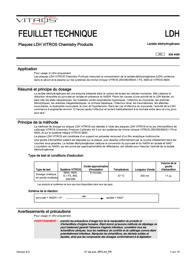 Feuillet Technique LDH: Plaques LDH VITROS Chemistry Products | PDF