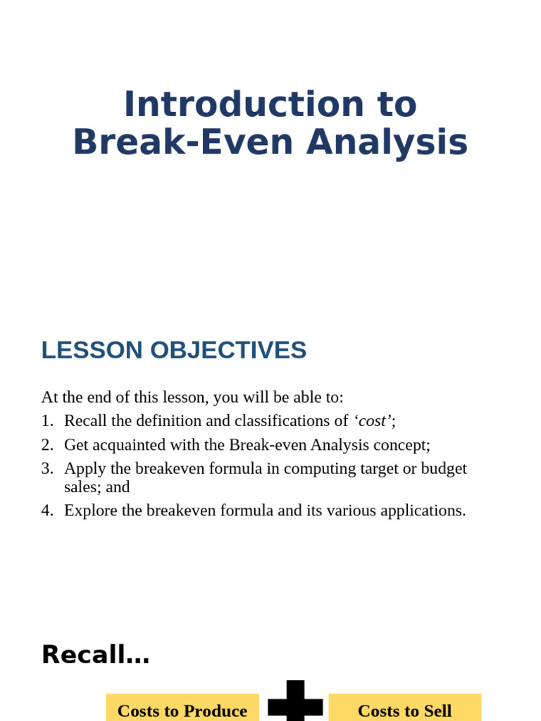 05 Lesson 4 Introduction To Break Even Analysis | PDF