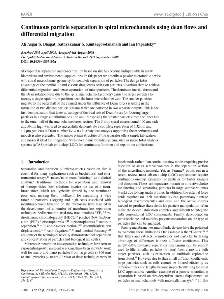 Continuous Particle Separation in Spiral Microchannels Using Dean Flows and | PDF