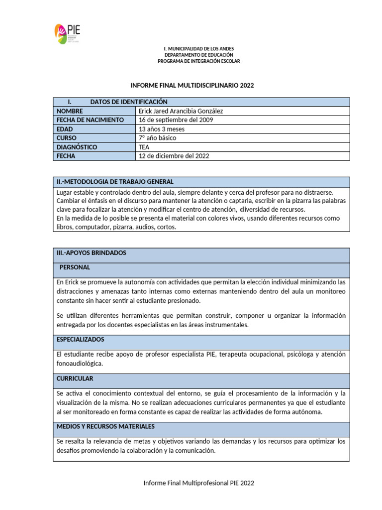 Informe Final Multidiscip Pie Regular - Erick | PDF
