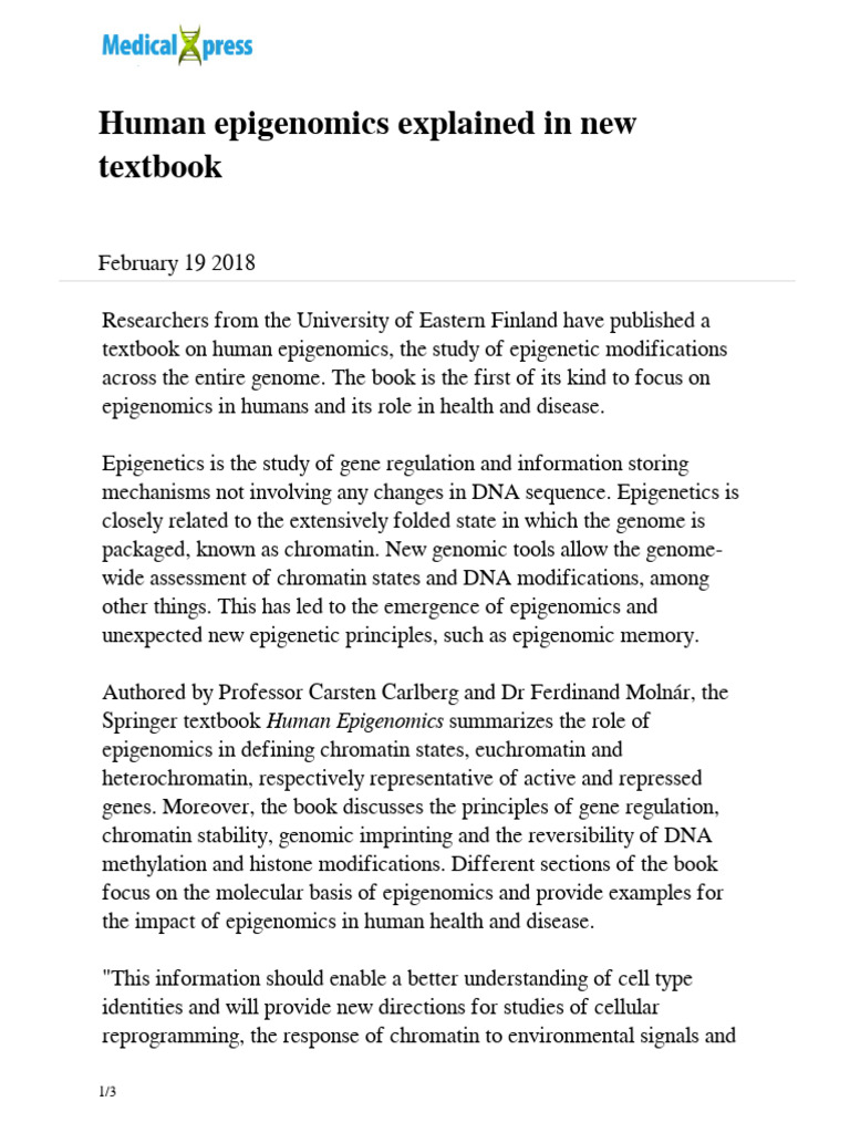 2018 02 Human Epigenomics Textbook | PDF