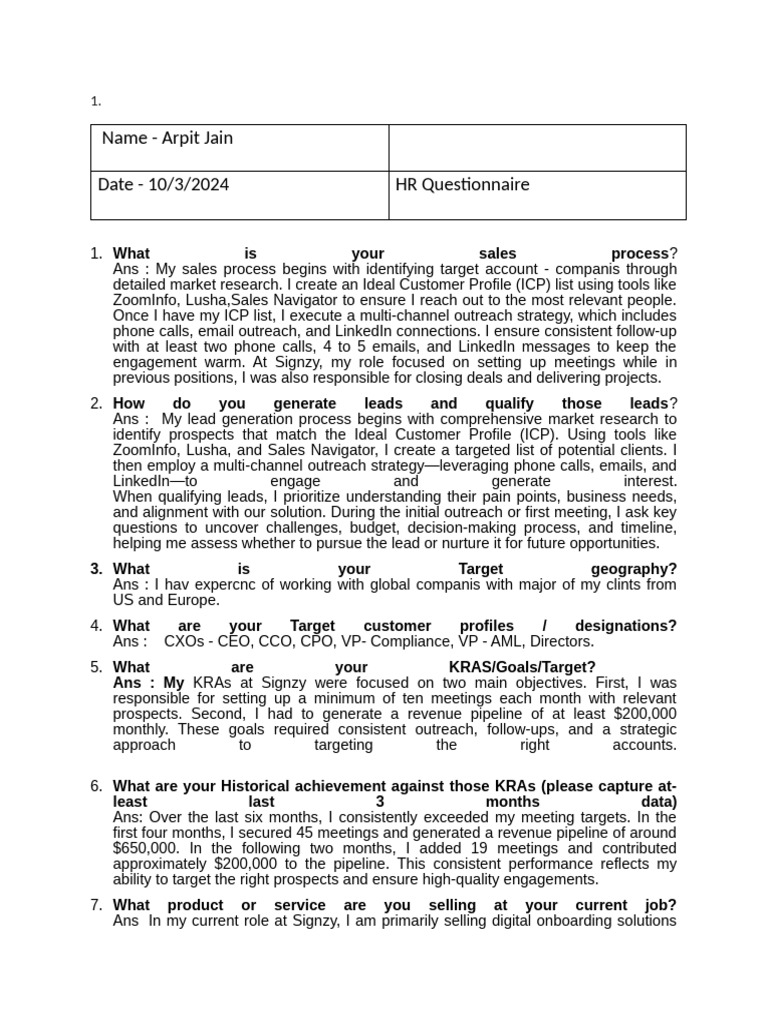 HR Questionnaire - Arpit Jain | PDF