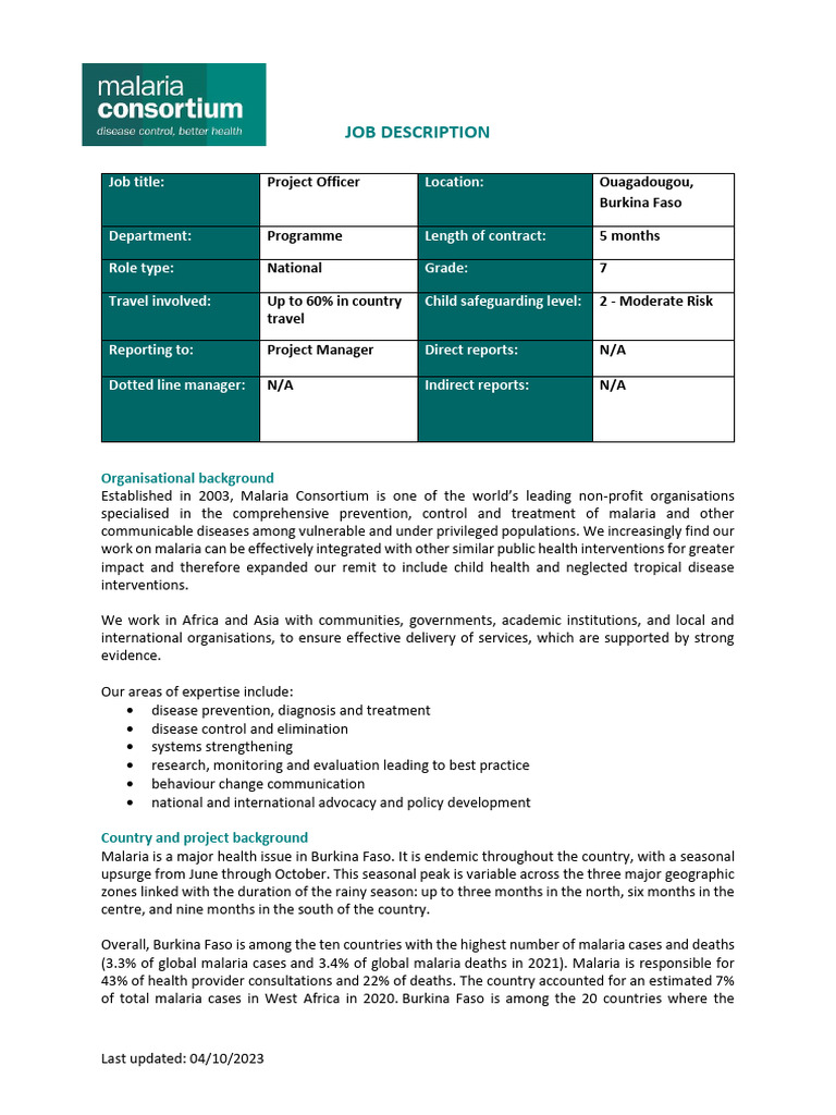 JD Project Officer - Projet SSR - Centre Nord | PDF