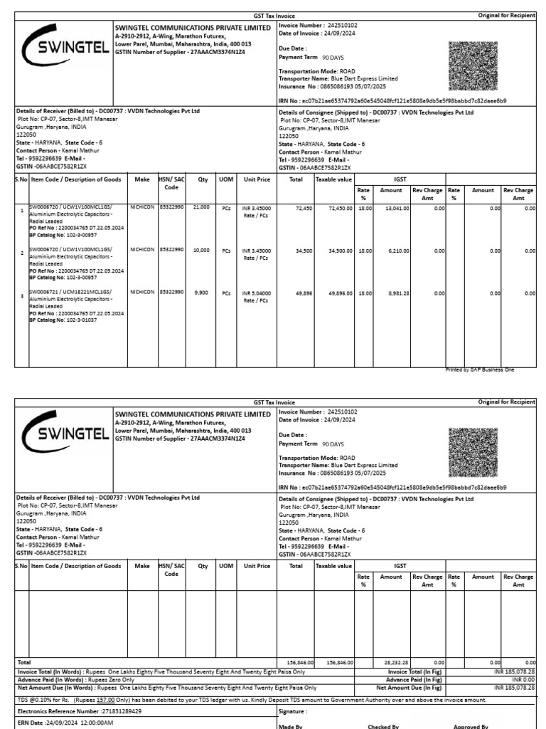 VVDN Manesar - Invoice | PDF