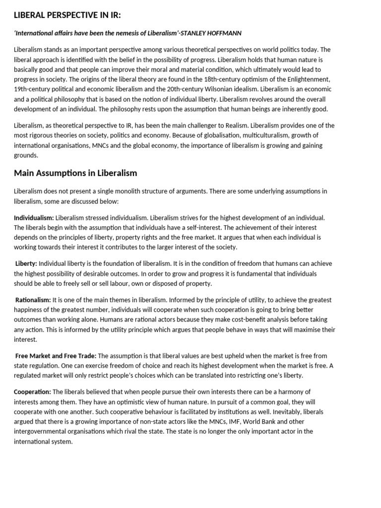 LIBERAL PERSPECTIVE IN IR | PDF
