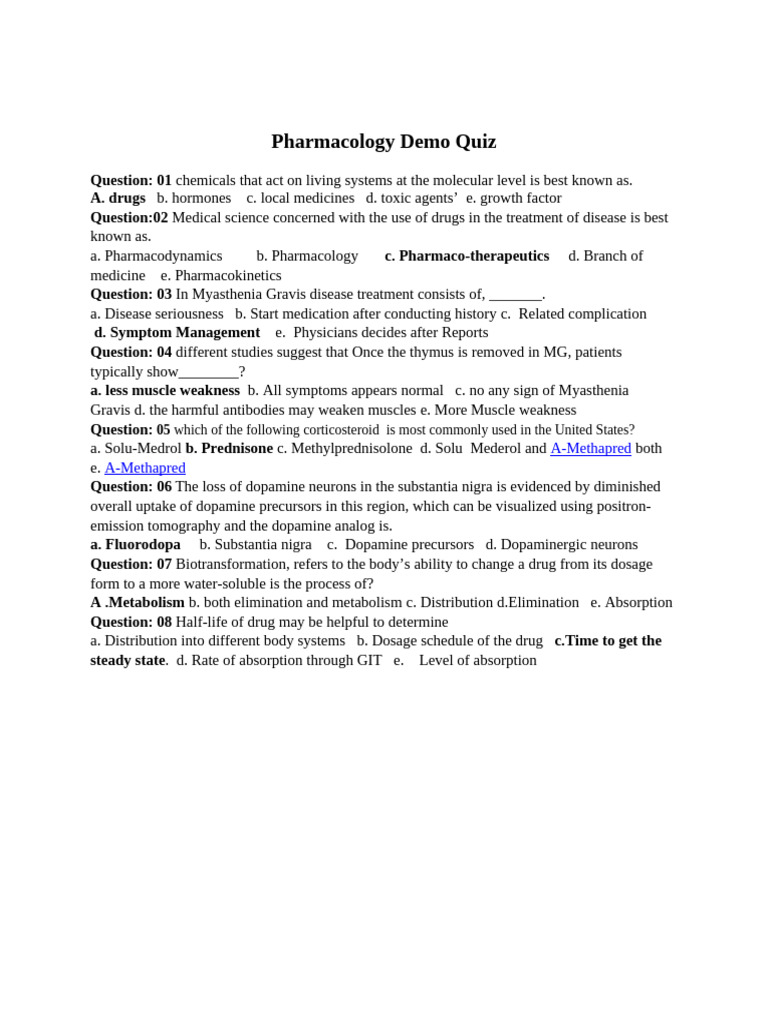Pharmacology Quiz: Drug Mechanisms & Uses | PDF | Self-Improvement