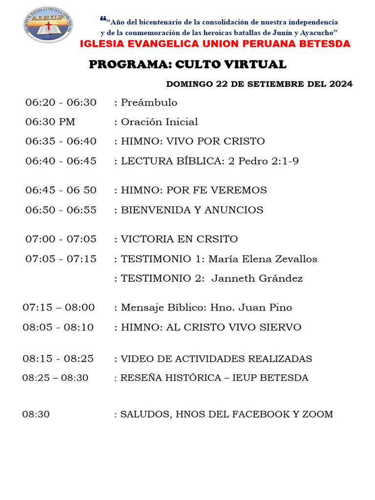 Programa - Culto Virtual - Domingo 22-09-2024 | PDF