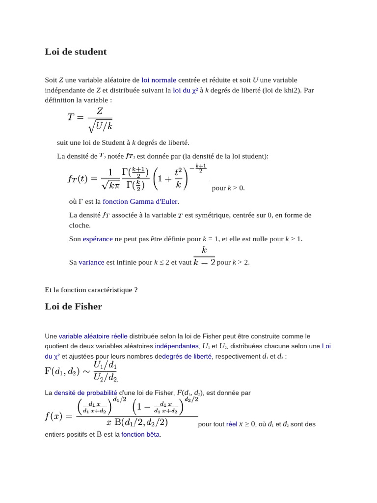 Caractéristiques Des Lois Student Et Fisher | PDF