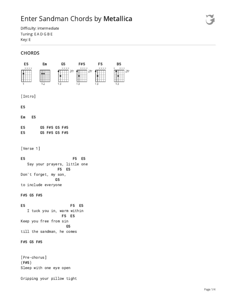 Enter Sandman Chords by Metallicatabs at Ultimate Guitar Archive | PDF ...