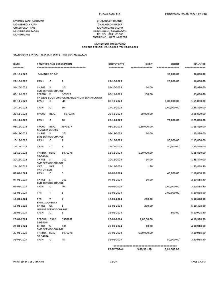 Pubali Bank PLC (Statement) | PDF