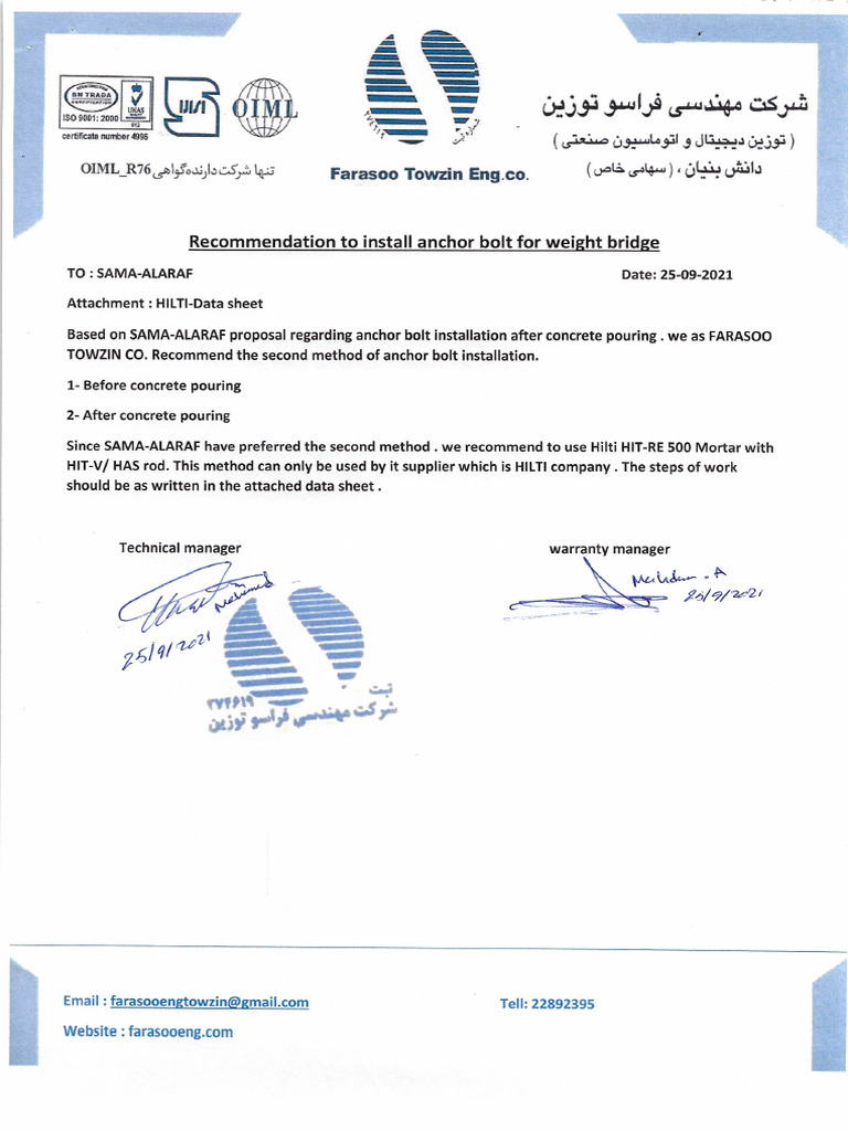 Method Statement For Anchor Bolts Installation | PDF
