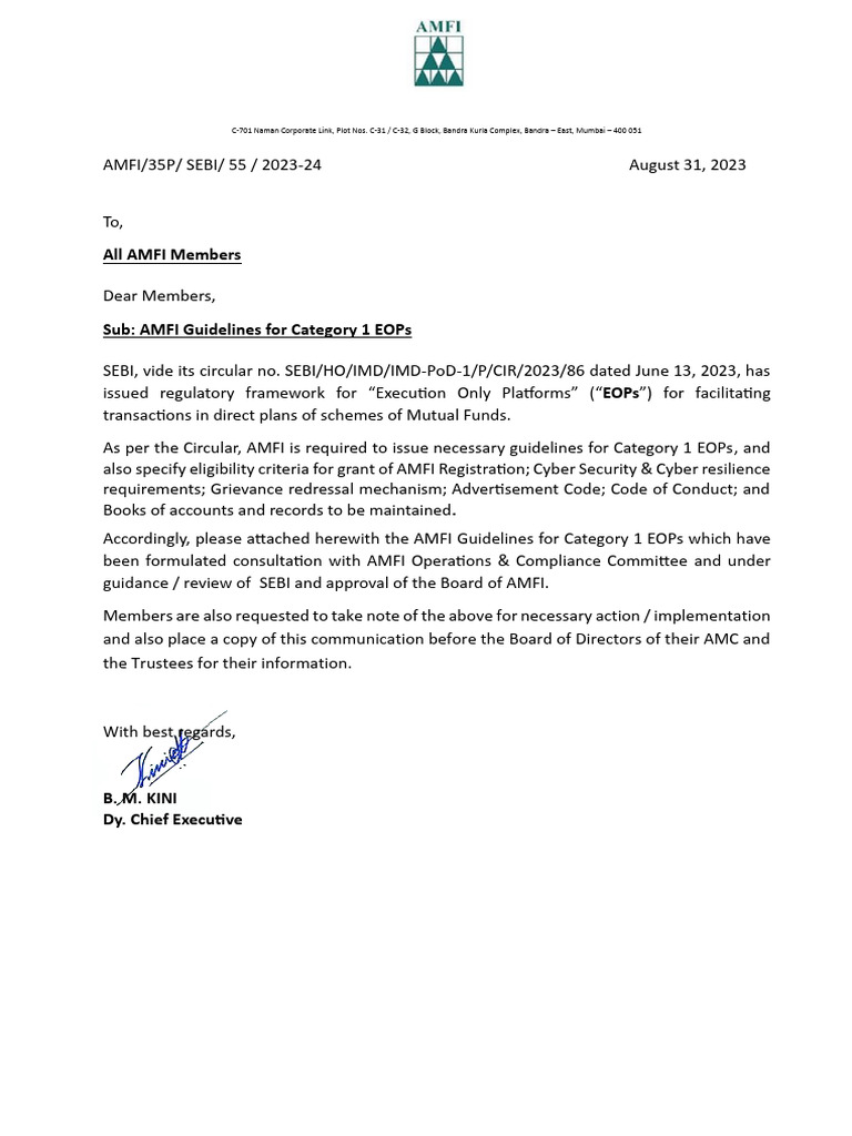 AMFI Guidelines For Category 1 EOP 31-08-2023 SEBI | PDF