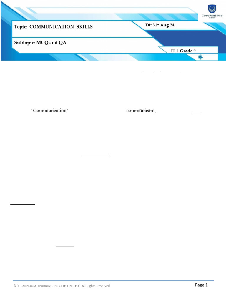 Grade 9 - Communication Skills 2024-25 | PDF