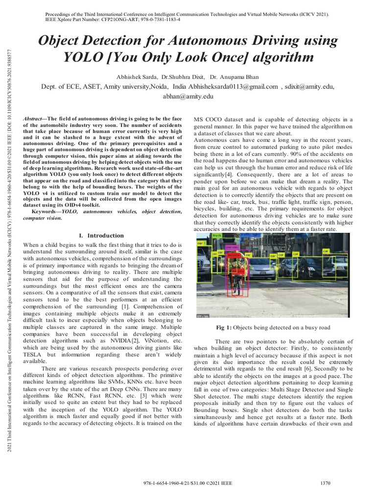 Object Detection For Autonomous Driving Using YOLO (You Only Look Once) Algorithm | PDF