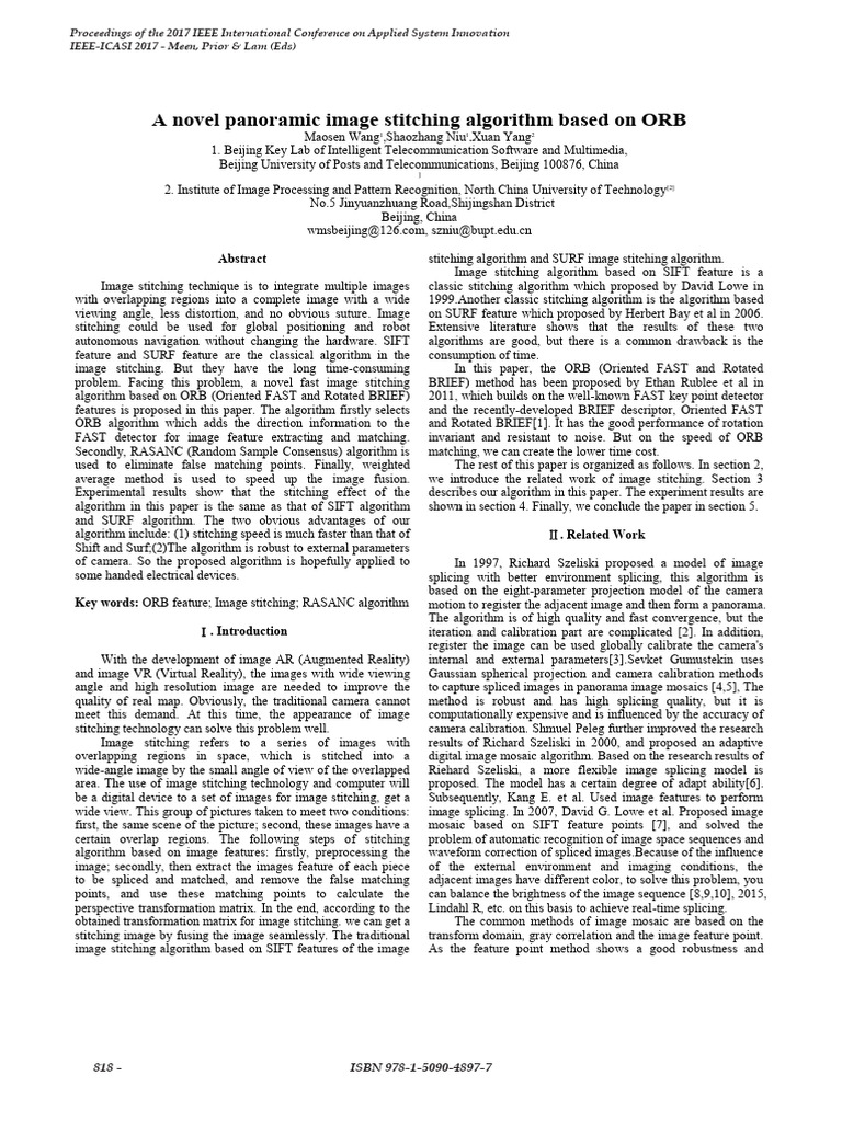 A Novel Panoramic Image Stitching Algorithm Based On ORB | PDF