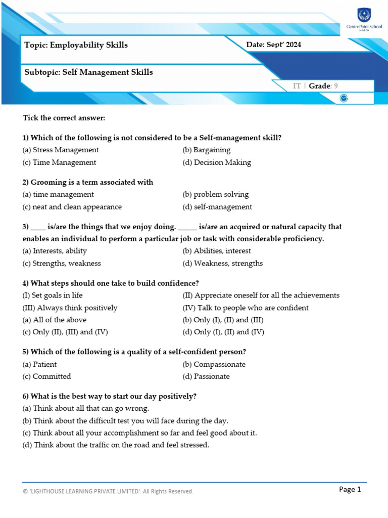 Self Management Skills MCQs and QA | PDF
