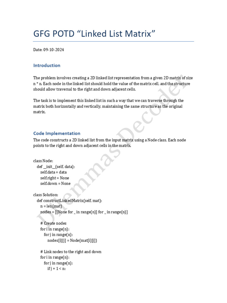 Linked List Matrix Pdf