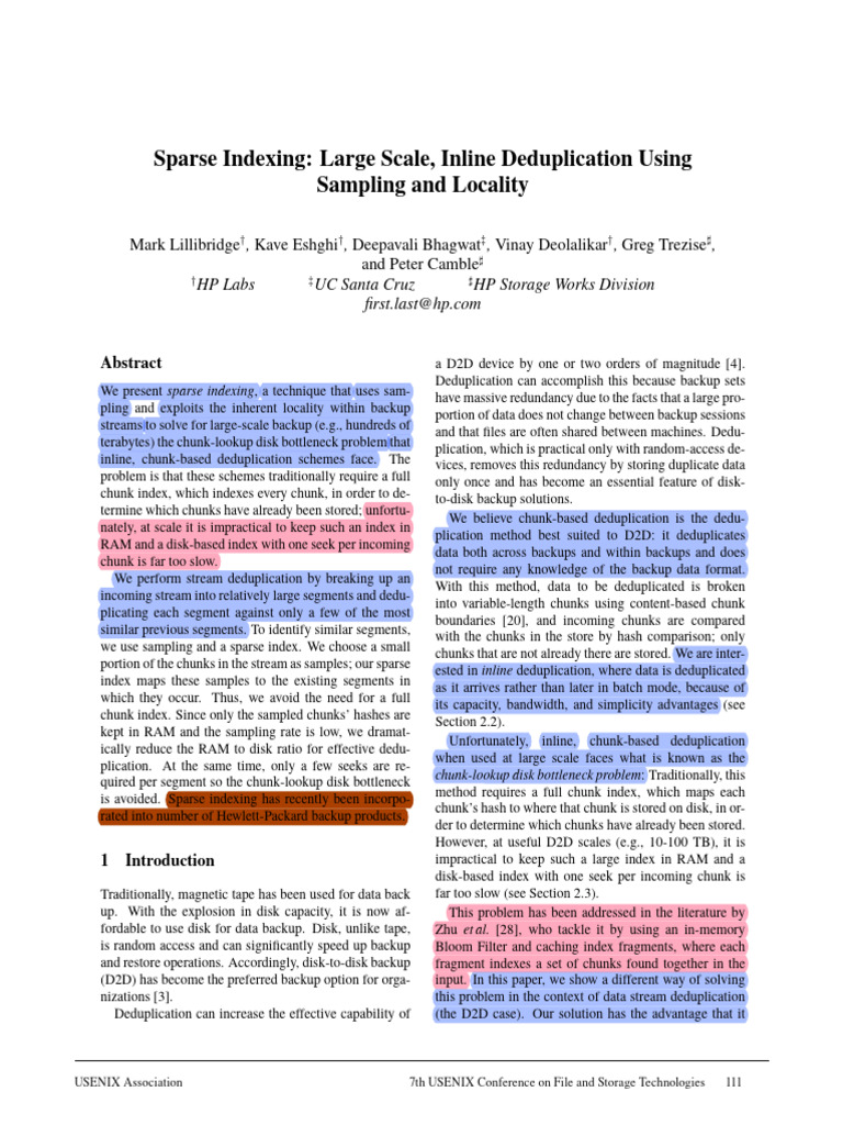Sparse Indexing Large Scale Inline Deduplication Using Sampling And
