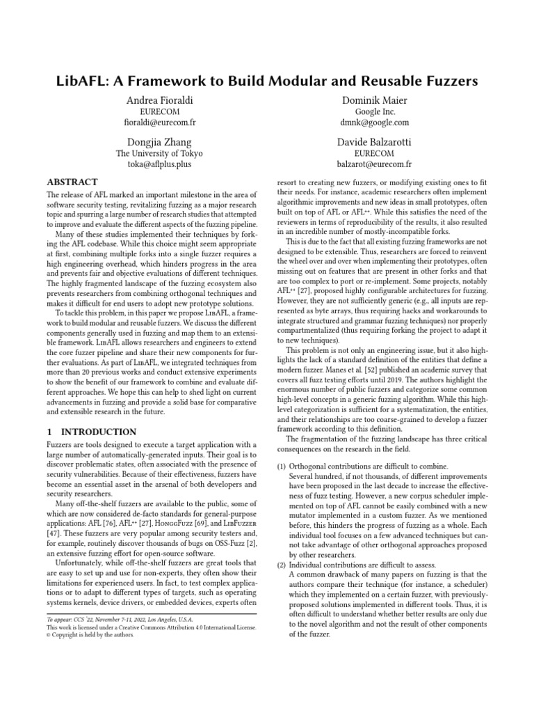 Libafl: A Framework To Build Modular and Reusable Fuzzers: Andrea Fioraldi Dominik Maier | PDF