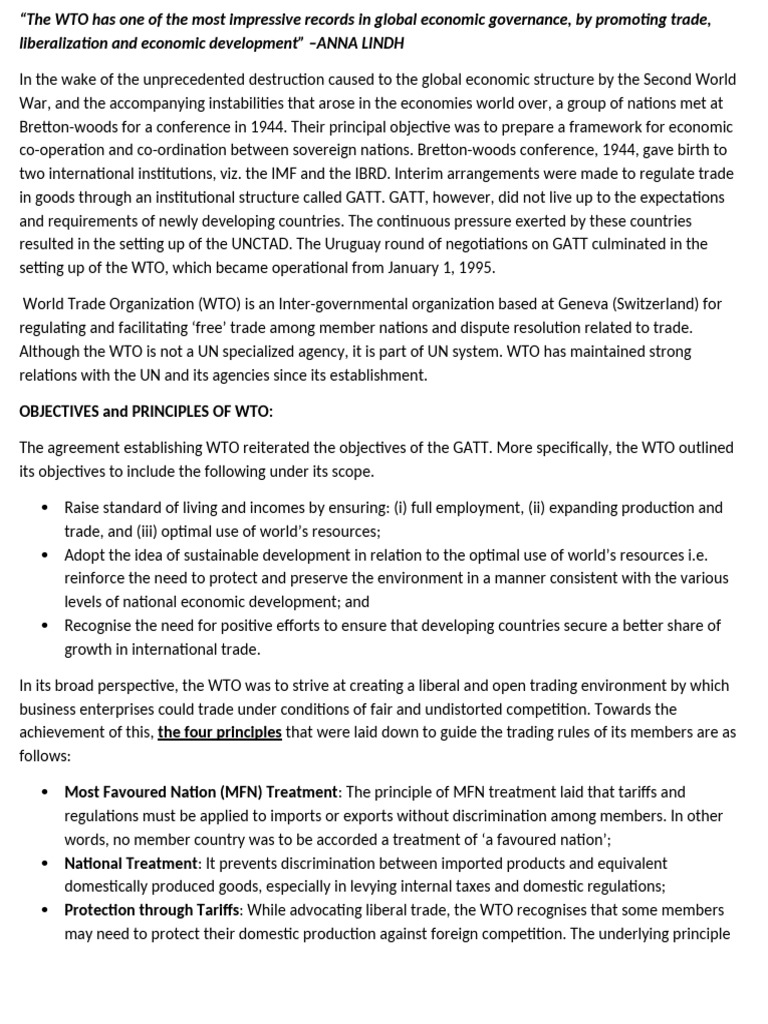 Objectives and Principles of Wto | PDF