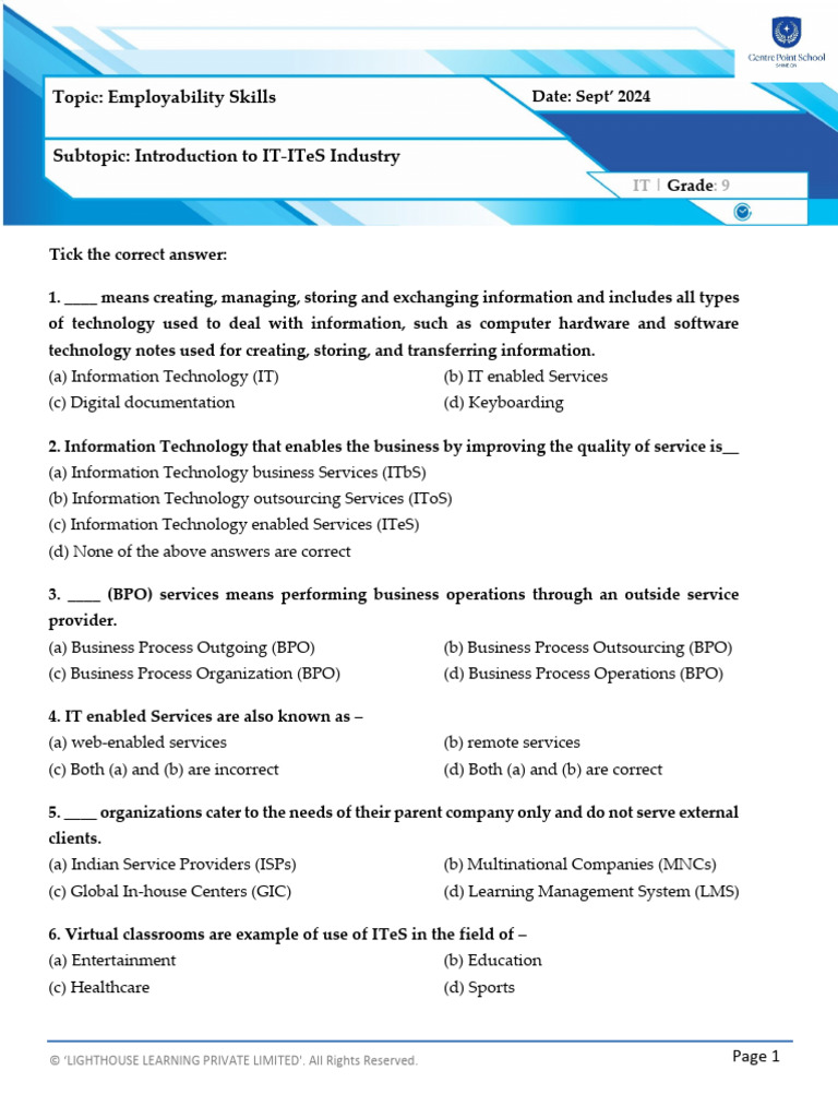IT-ITeS Industry MCQs and QA | PDF