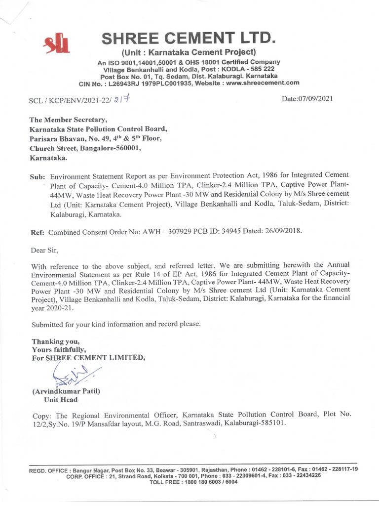 Gulbarga Cement Plant Environment Statement Report 2020-21 | PDF
