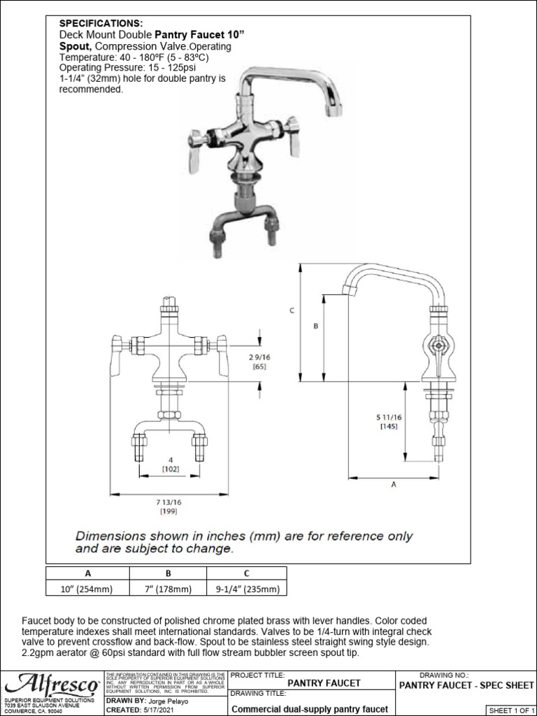 Pantry Faucet Spec Sheet | PDF