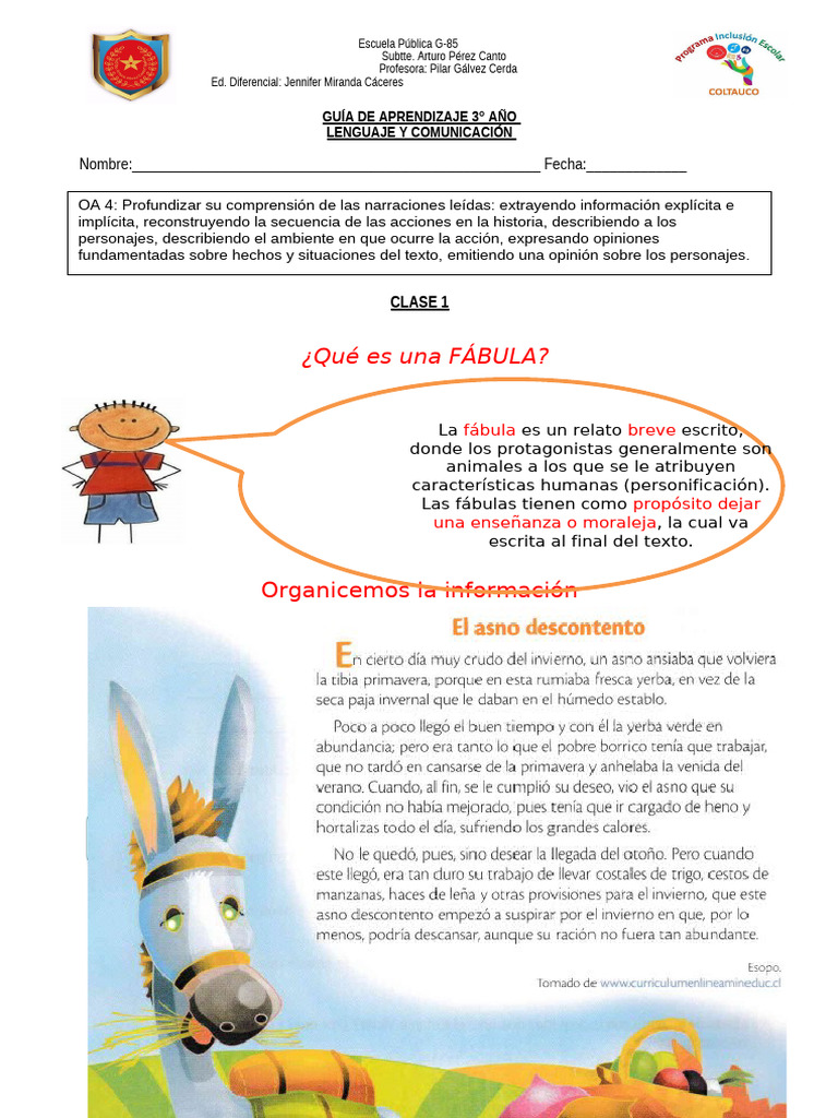 Guía de Aprendizaje: Fábulas para 3° Año | PDF | Fábula | Aprendizaje