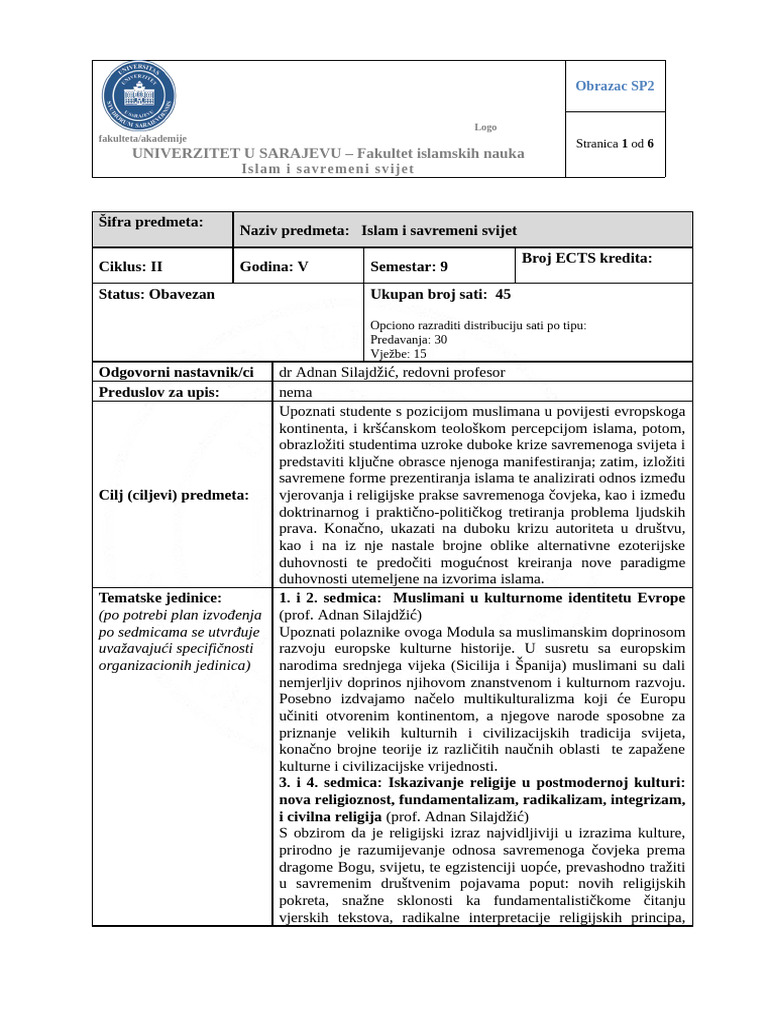 Silabus Master Islam I Savremeni Svijet Obrazac SP2 Maj 2018 | PDF