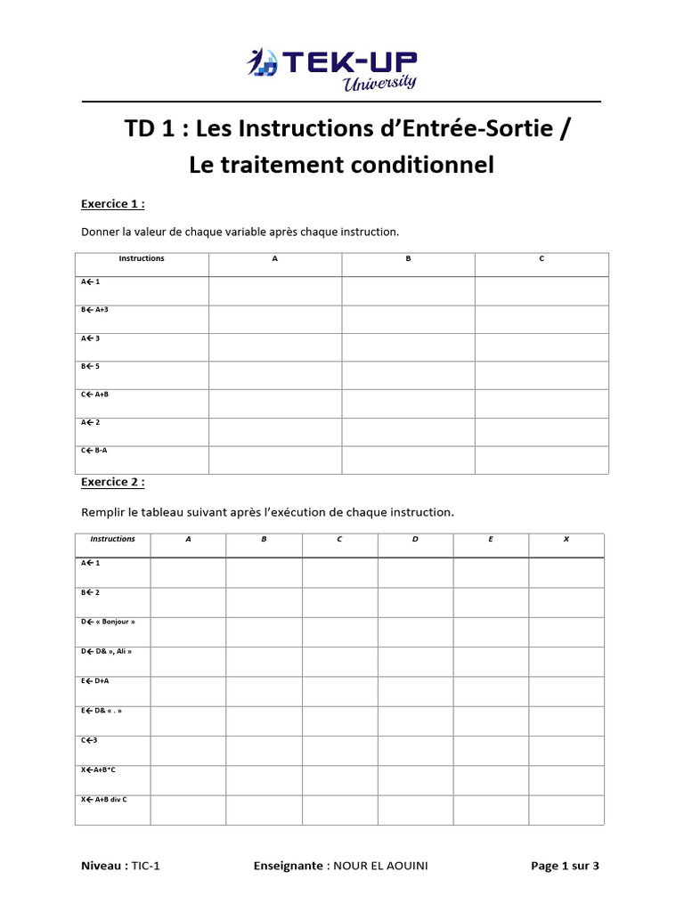 TD 1: Les Instructions d'Entrée-Sortie / Le Traitement Conditionnel | PDF