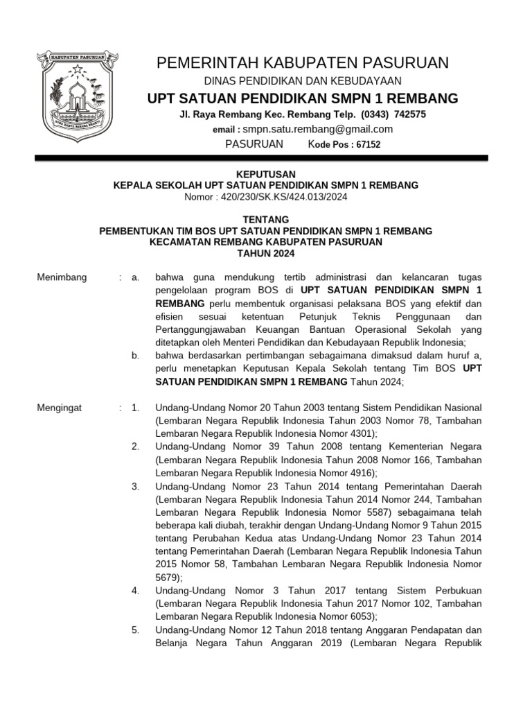 Contoh SK Tim BOS Reguler 2024 | PDF