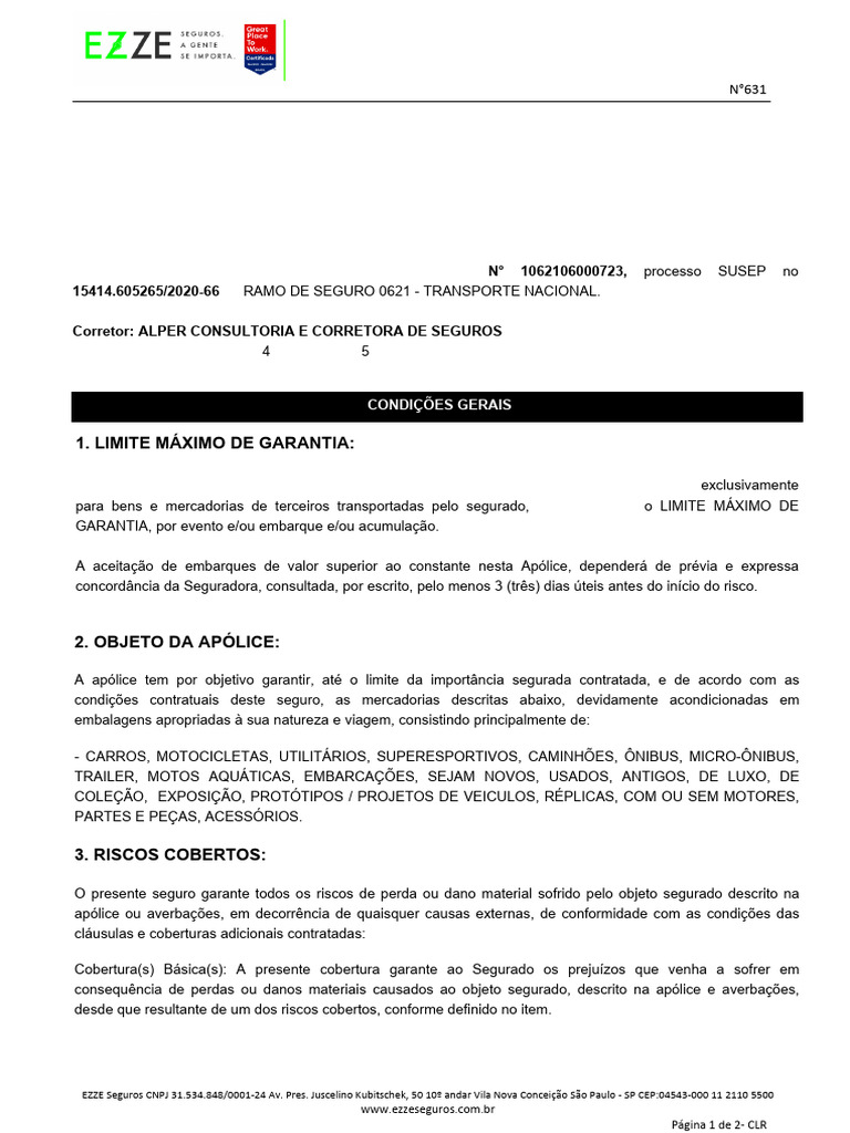 Certificado de Seguro Ezze 2024-25 (Nacional GO) | PDF