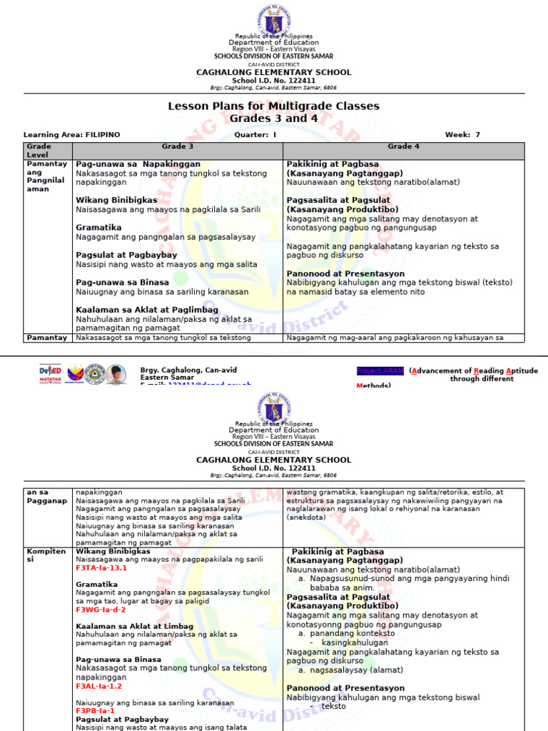 JIPAPAD_FILIPINO_Grade-3&4_Q1_LP | PDF