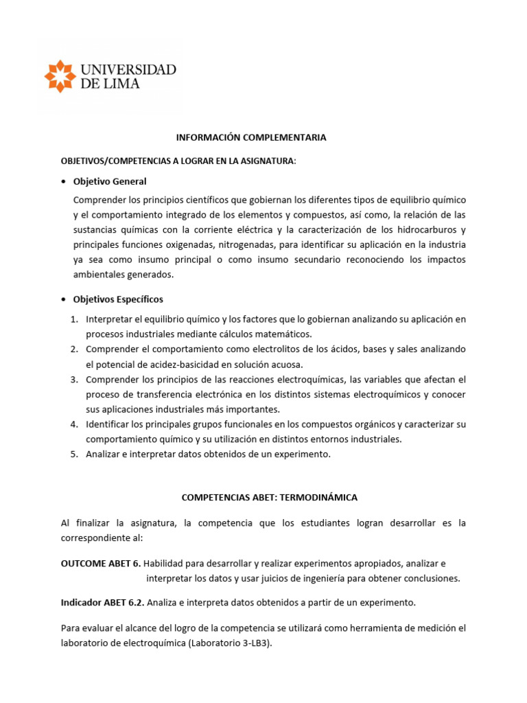Información Complementaria - Quimica Industrial (2024-1) | PDF