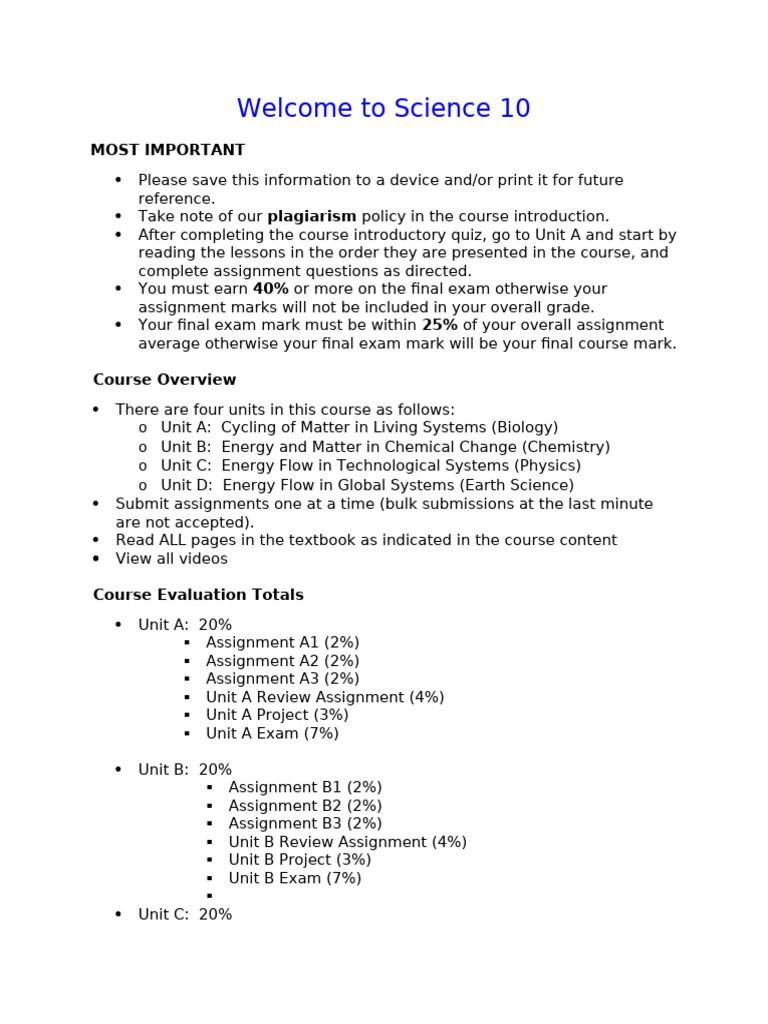 Science 10 Welcome | PDF