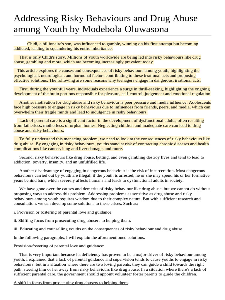 Addressing Risky Behaviours and Drug Abuse Among Youth by Modebola ...