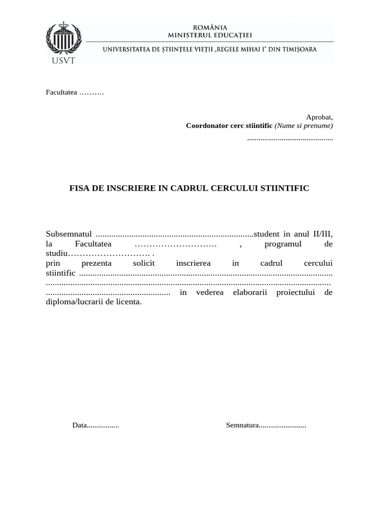Fisa Inscriere Cerc Stiintific | PDF