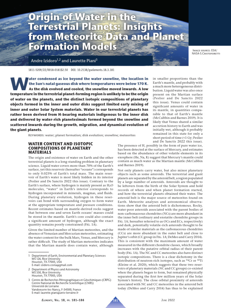 IzidoroPiani2022-origin Water Terrestrial Planets | PDF