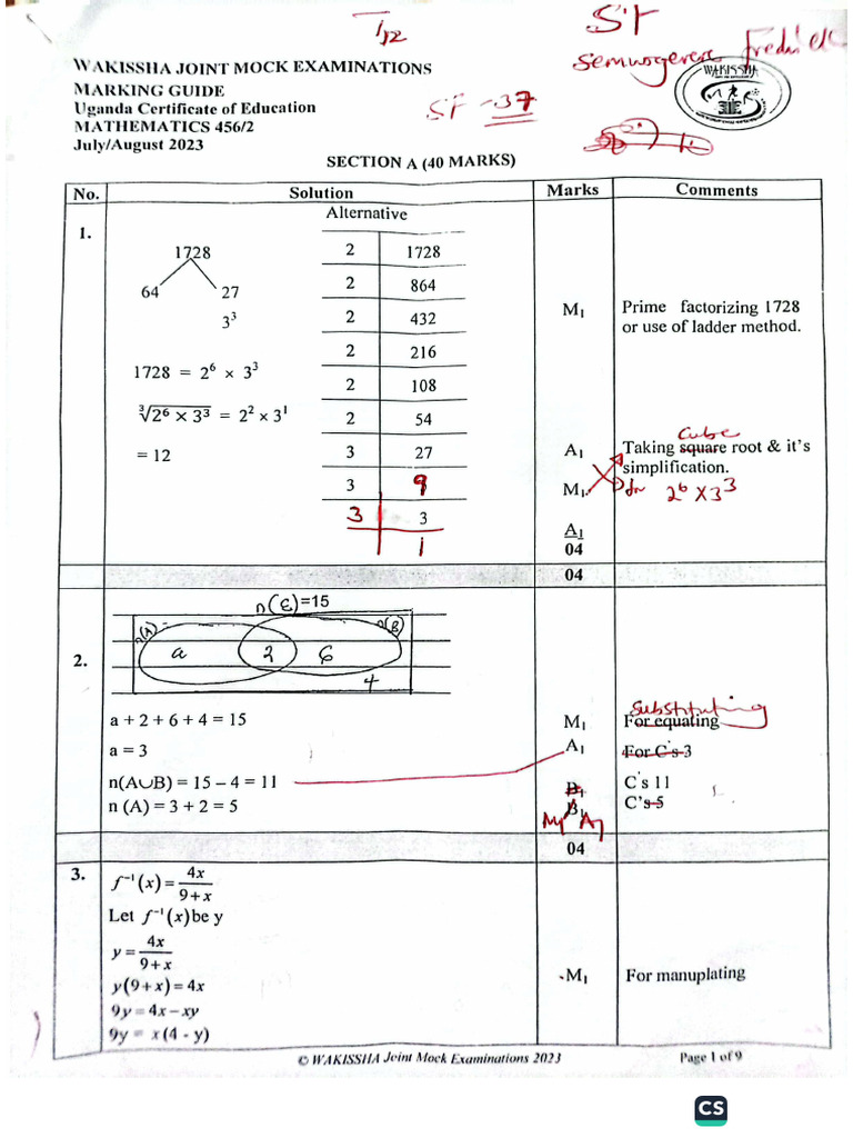 WAKISSHA JOINT MOCK EXAMINATION S.4 MATHEMATICS 2023 MAKING GUIDE | PDF WAKISSHA JOINT MOCK EXAMINATION S.4 MATHEMATICS 2023 MAKING GUIDE | PDF