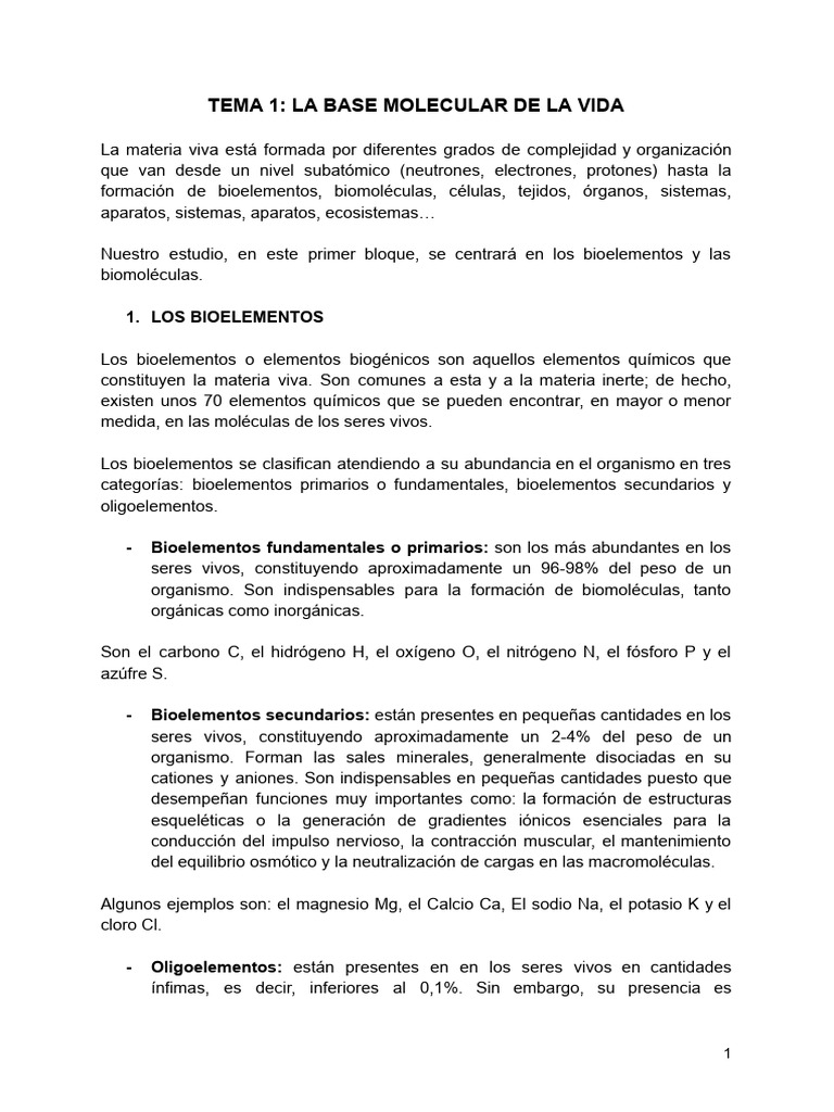 Tema 1 - La Base Molecular de La Vida | PDF