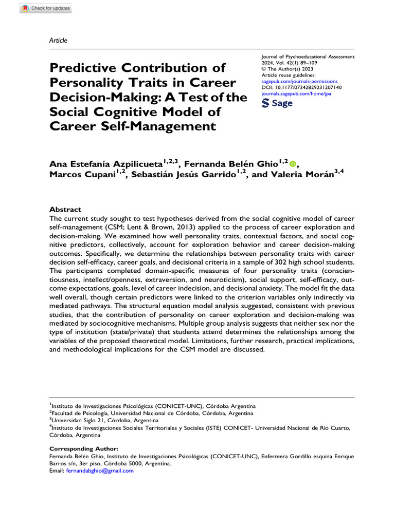 Azpilicueta Et Al 2023 Predictive Contribution of Personality Traits in Career Decision Making A ...