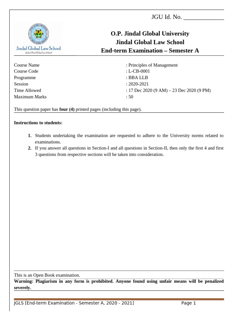 Question Paper Set A - POM 2020 | PDF