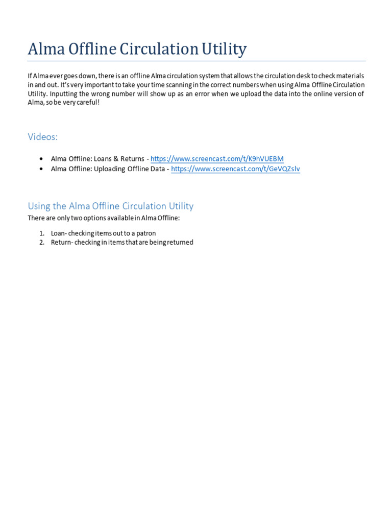 Alma Offline Circulation Utility Guide | PDF