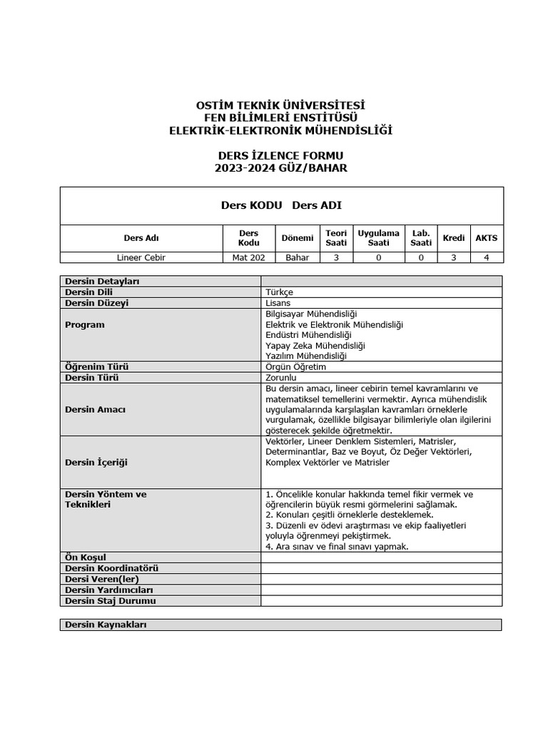 Mat 201 Lineer Cebir Ders İzlence Formu | PDF