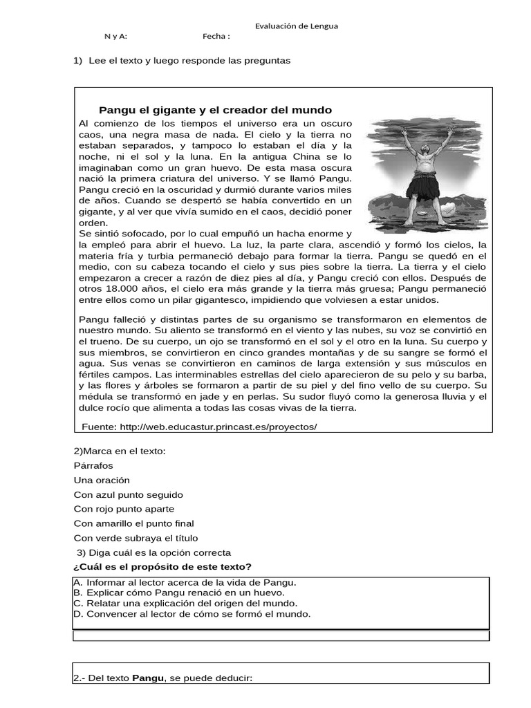 5° Básico Lenguaje Guía de Comprensiòn Mito de Pangu | PDF | Libros ...