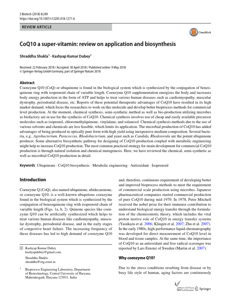 CoQ10 A Super-Vitamin - Review On Application and Biosynthesis - 2018 | PDF